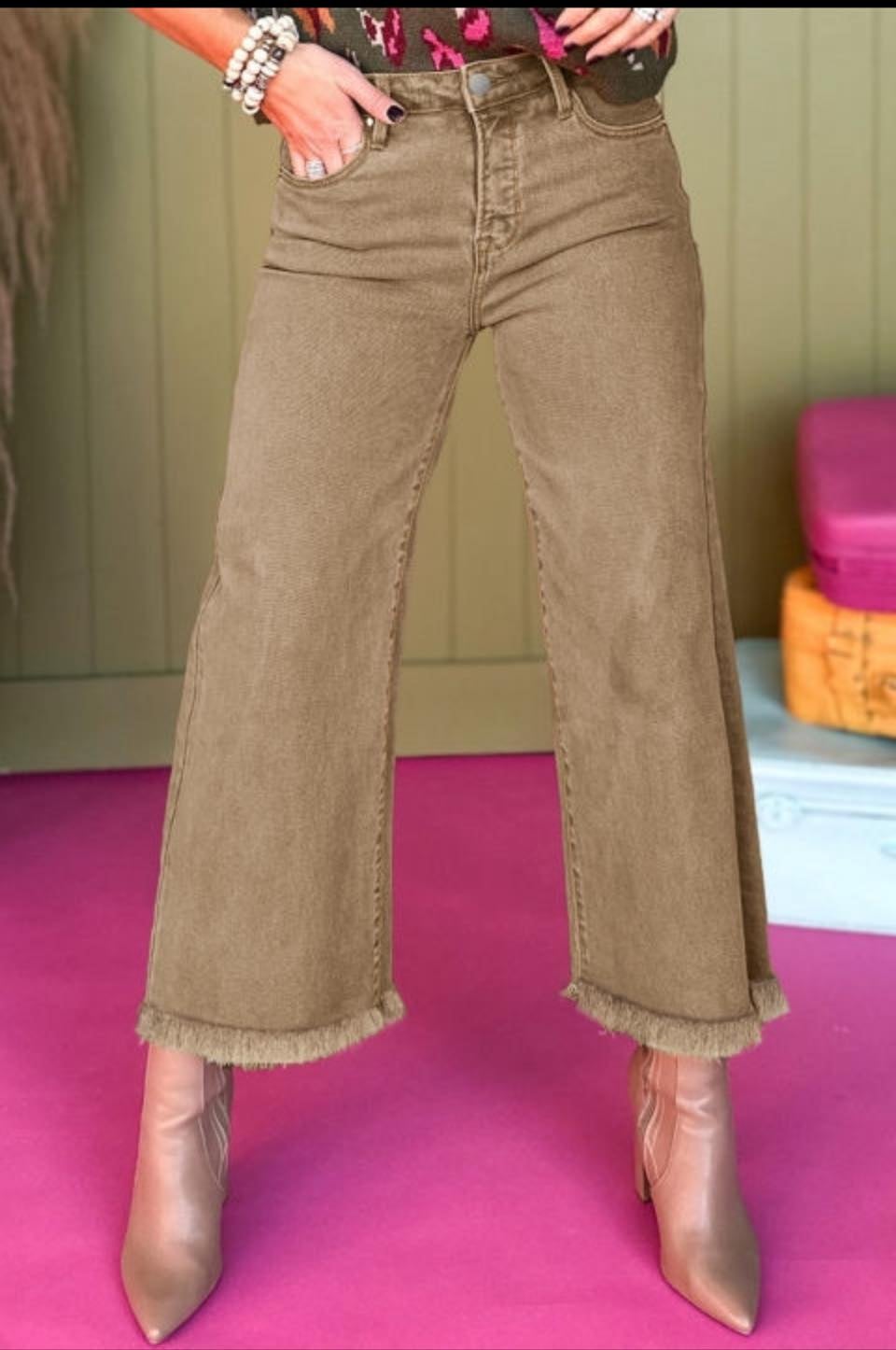 French Beige Acid Washed High Rise Cropped Jeans | Charming Chic Boutique